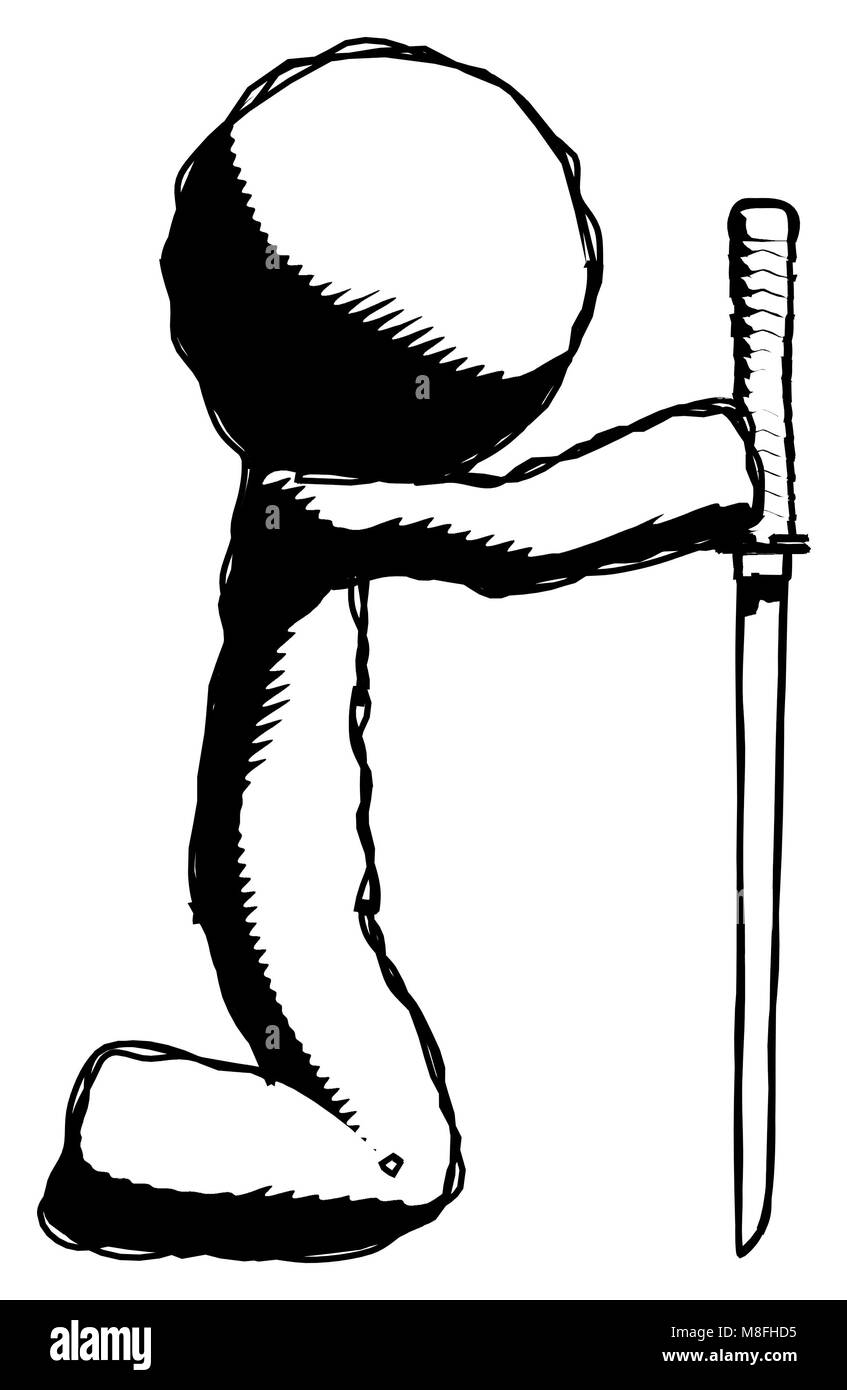 Ink design mascot man kneeling with ninja sword katana showing respect ...
