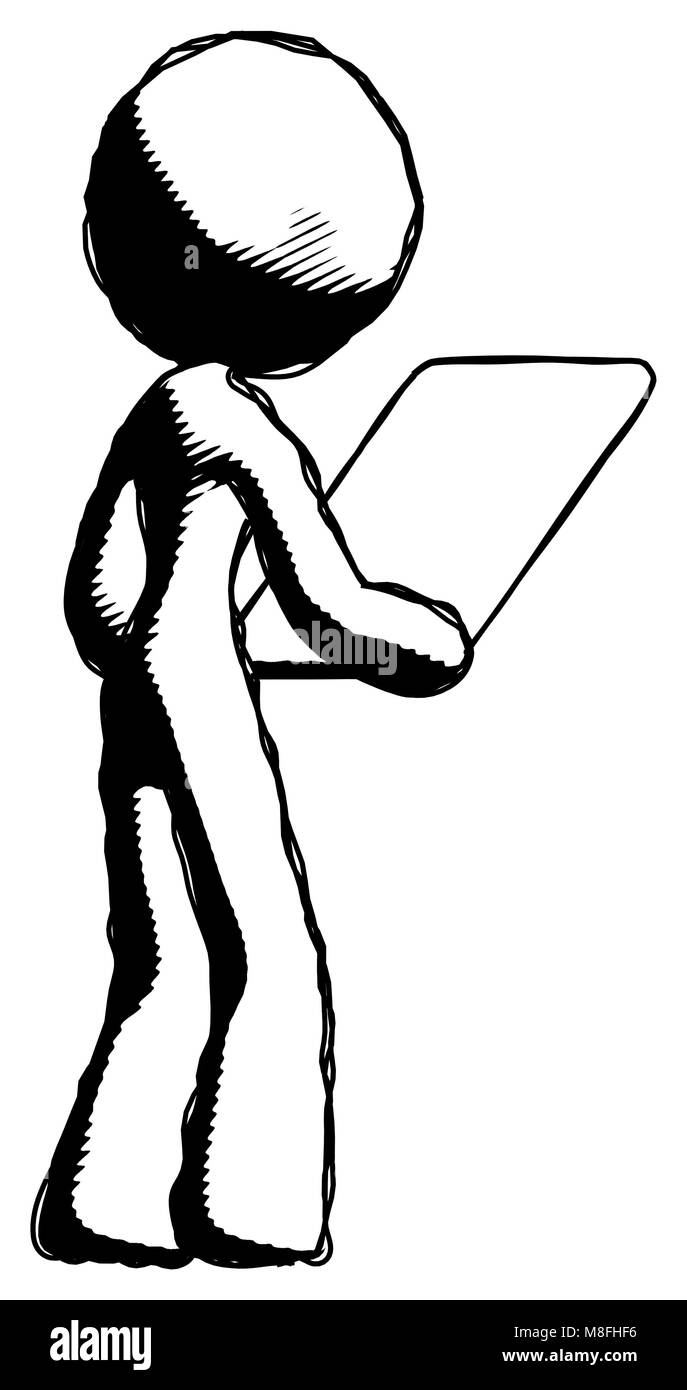 Ink design mascot woman looking at tablet device computer facing away ...