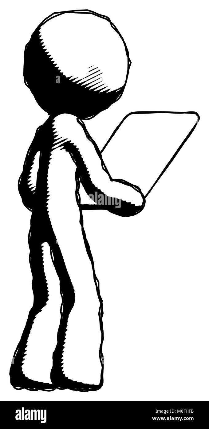 Ink design mascot man looking at tablet device computer facing away ...
