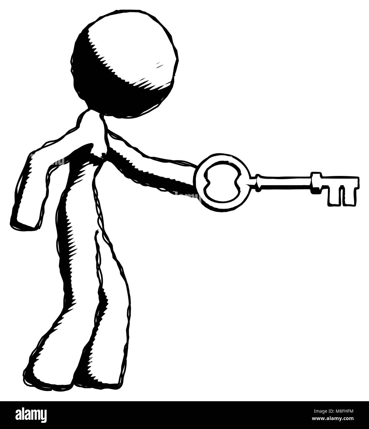 Ink design mascot woman with big key of gold opening something Stock ...