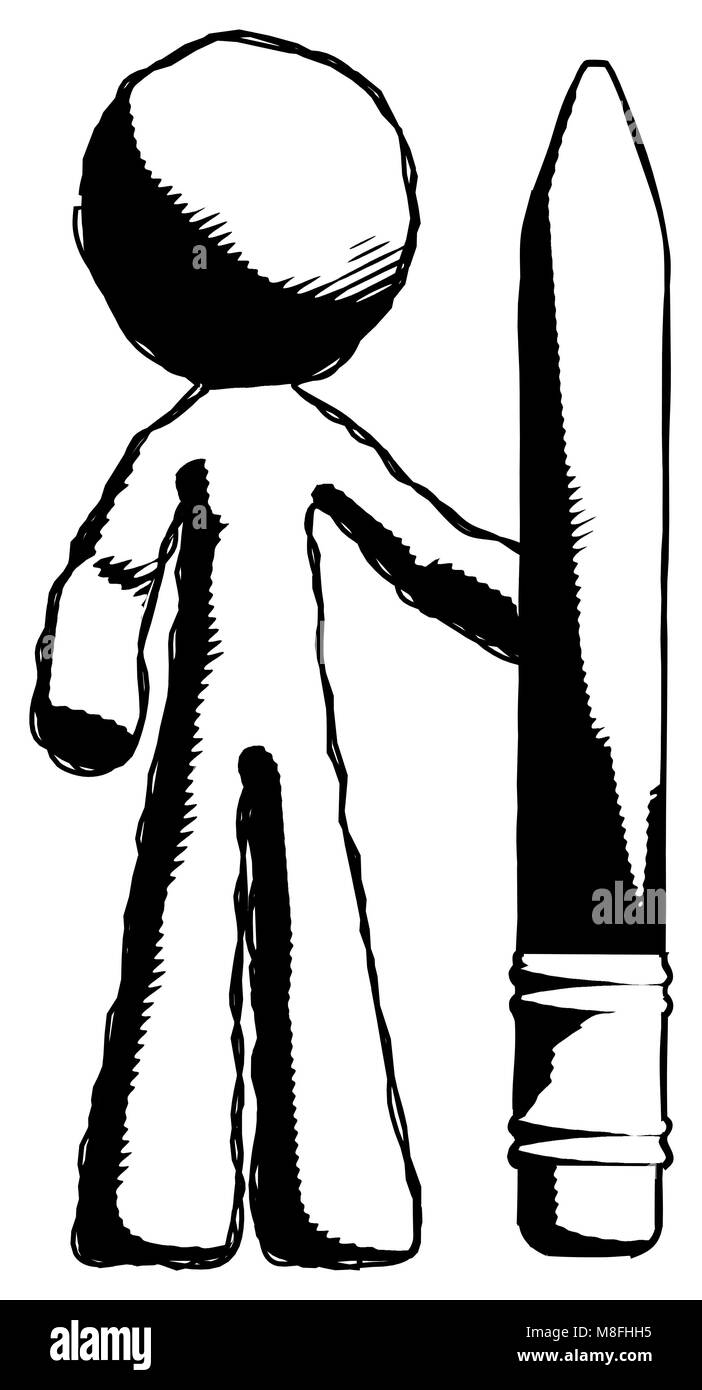 Ink design mascot man with large pencil standing ready to write Stock ...