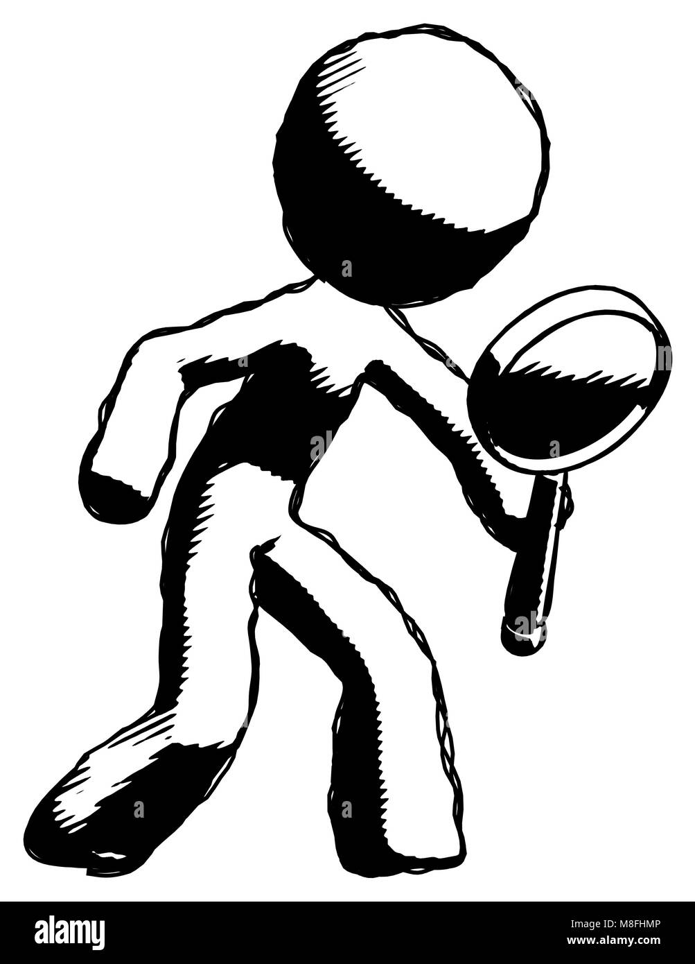 Ink design mascot man inspecting with large magnifying glass right ...