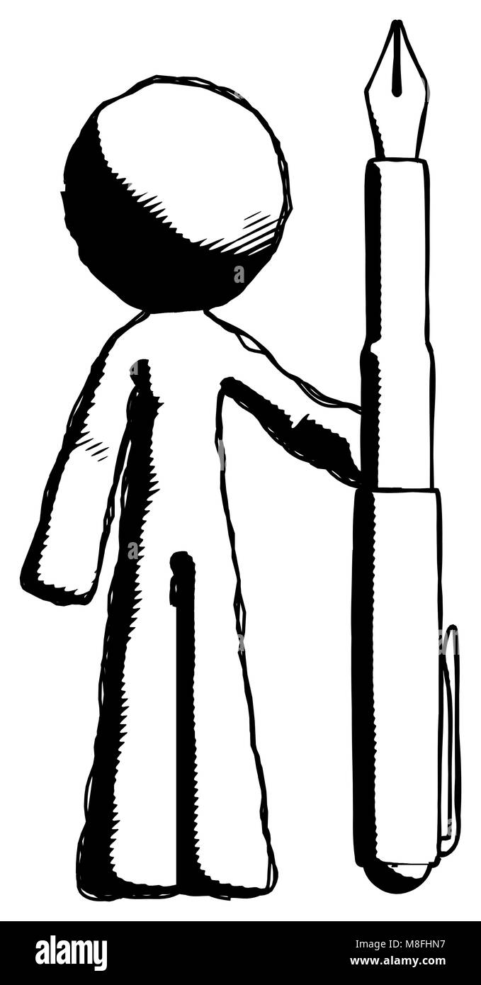 Ink design mascot man holding giant calligraphy pen Stock Photo - Alamy