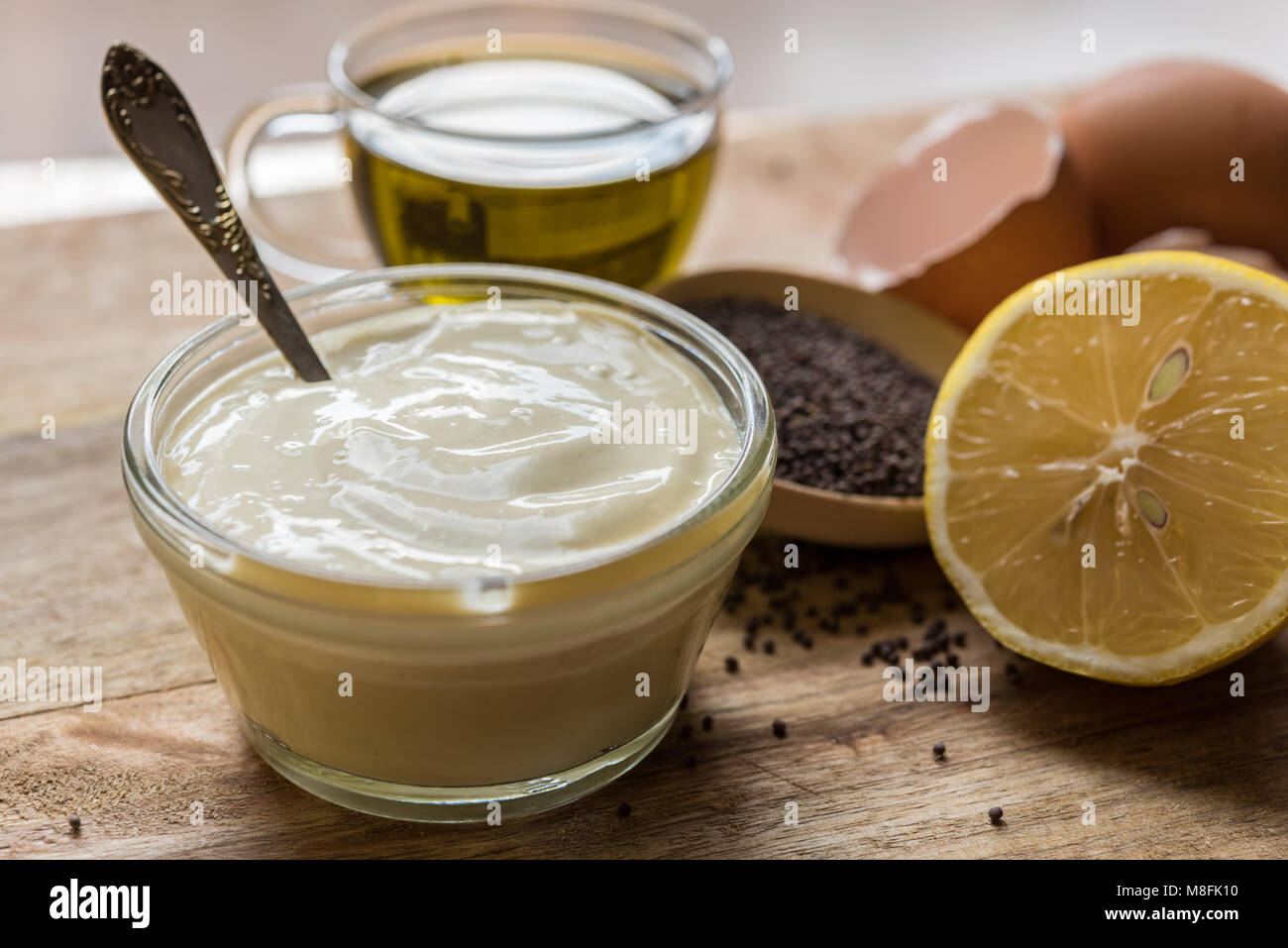 Homemade recipe Mayo (Mayonnaise) ingredients on wooden table rustic ...