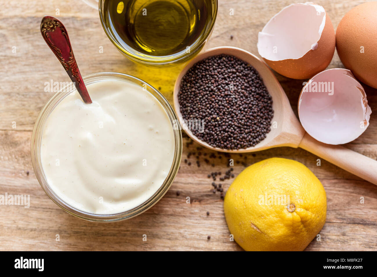 Homemade recipe Mayo (Mayonnaise) ingredients on wooden table rustic ...