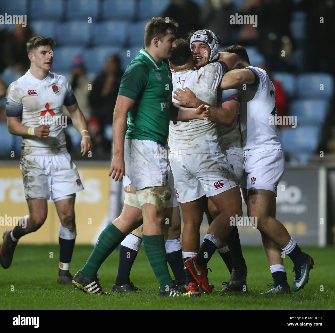 England Under 20's Josh Basham (centre) celebrates after scoring his ...