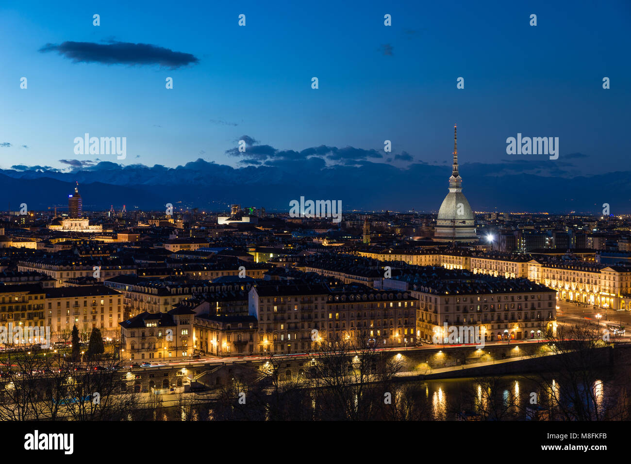 Turin skyline at dusk, Torino, Italy, panorama cityscape with the Mole ...