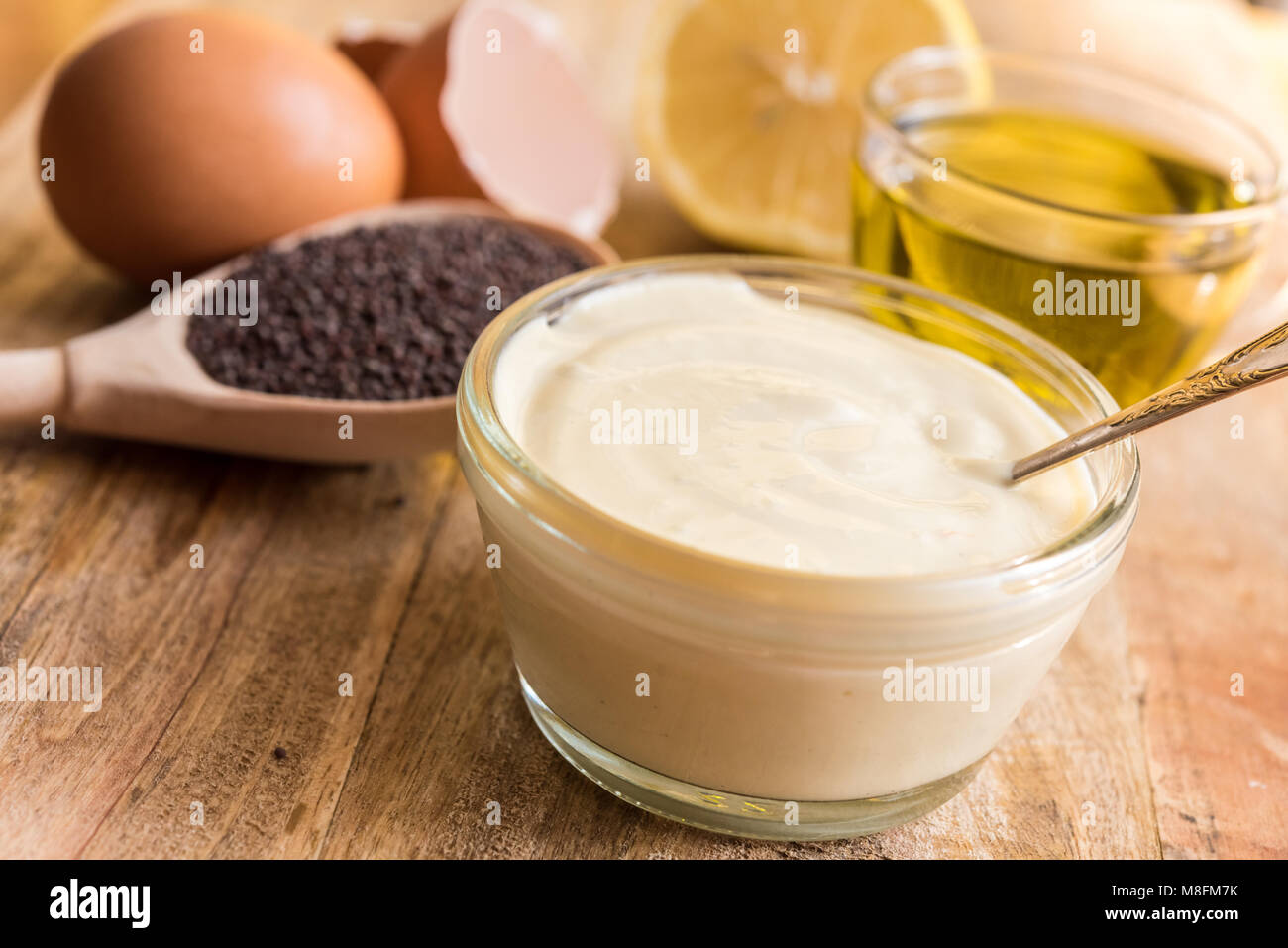 Homemade recipe Mayo (Mayonnaise) ingredients on wooden table rustic ...