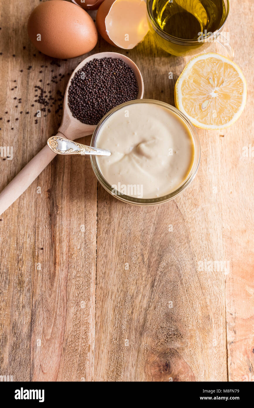 Homemade recipe Mayo (Mayonnaise) ingredients on wooden table rustic ...