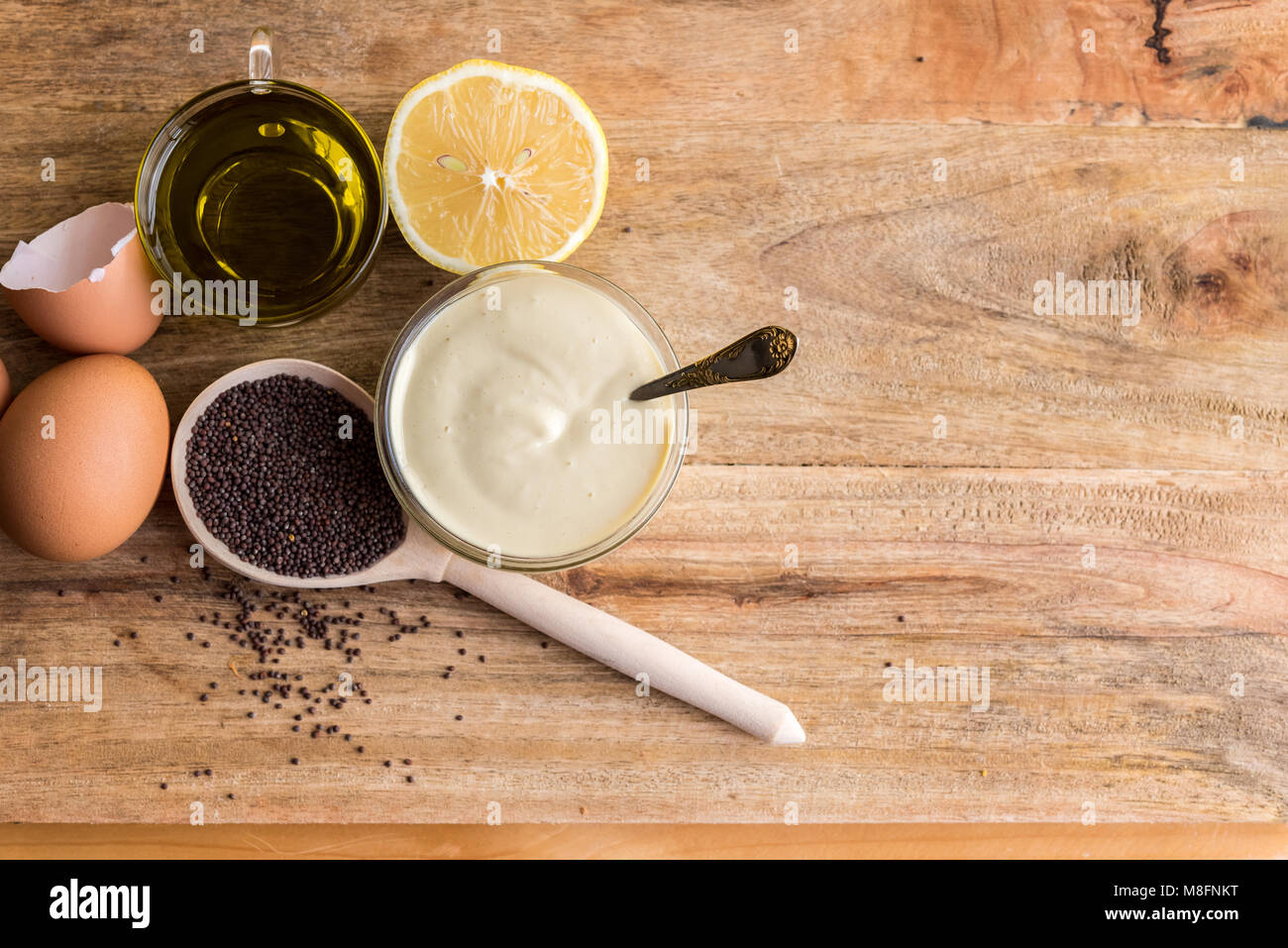 Homemade recipe Mayo (Mayonnaise) ingredients on wooden table rustic ...