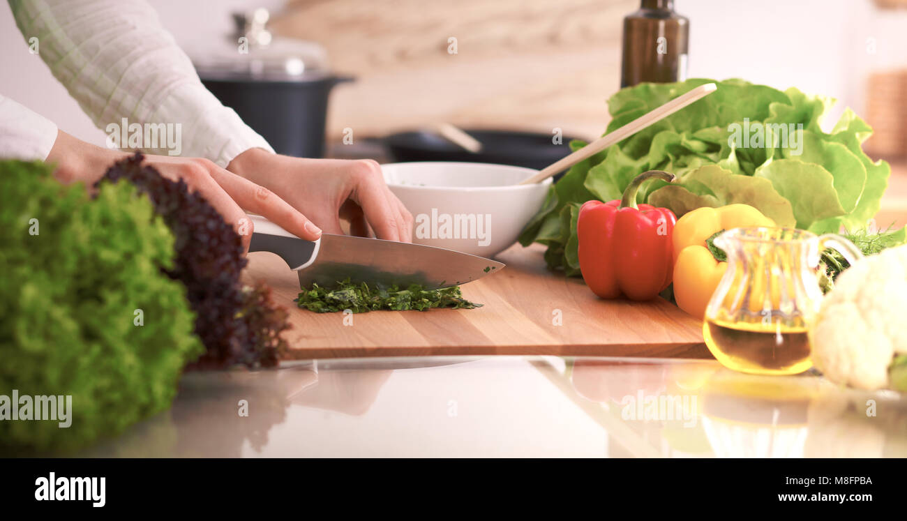 Close Up of human hands cooking vegetable salad in kitchen on the glass ...