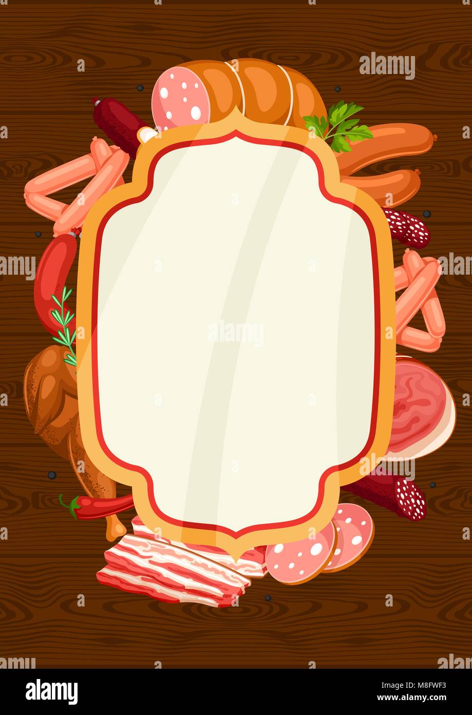 Frame with meat products. Illustration of sausages, bacon and ham Stock ...