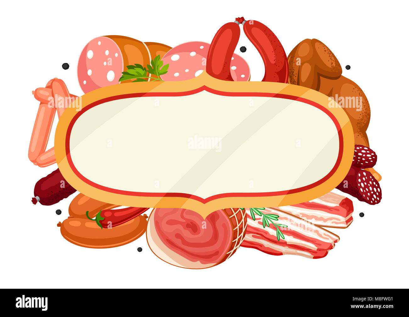 Frame with meat products. Illustration of sausages, bacon and ham Stock ...