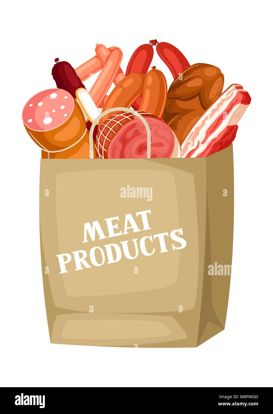 Shopping bag with meat products. Illustration of sausages, bacon and ...