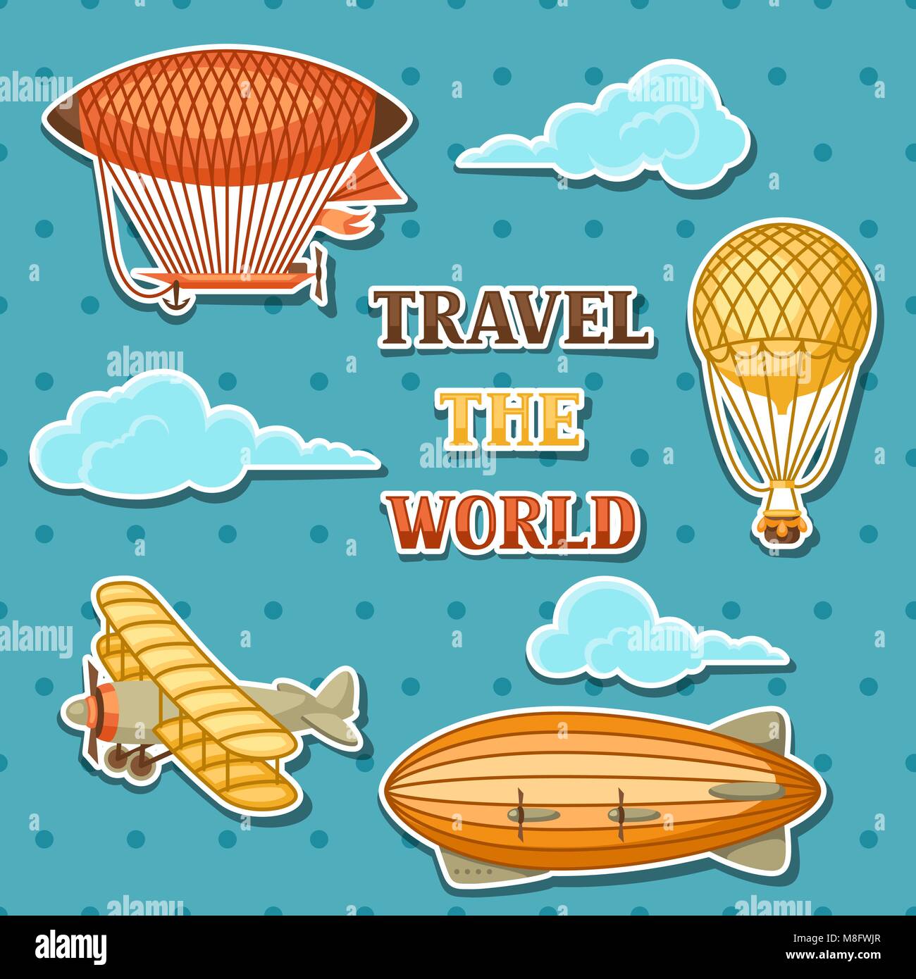 Set of retro air transport. Vintage aerostat airship, blimp and plain ...