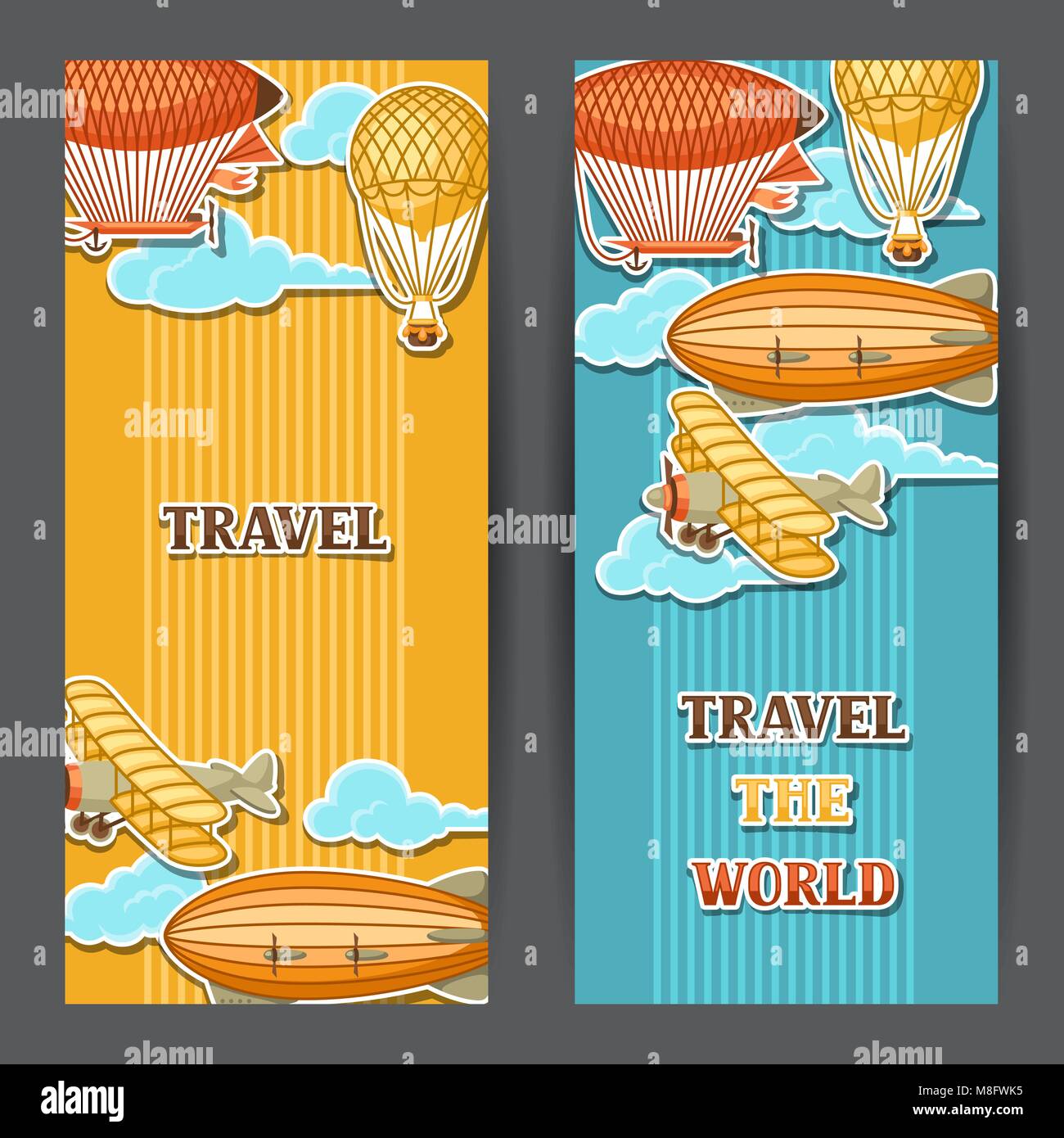 Travel banners with retro air transport. Vintage aerostat airship ...