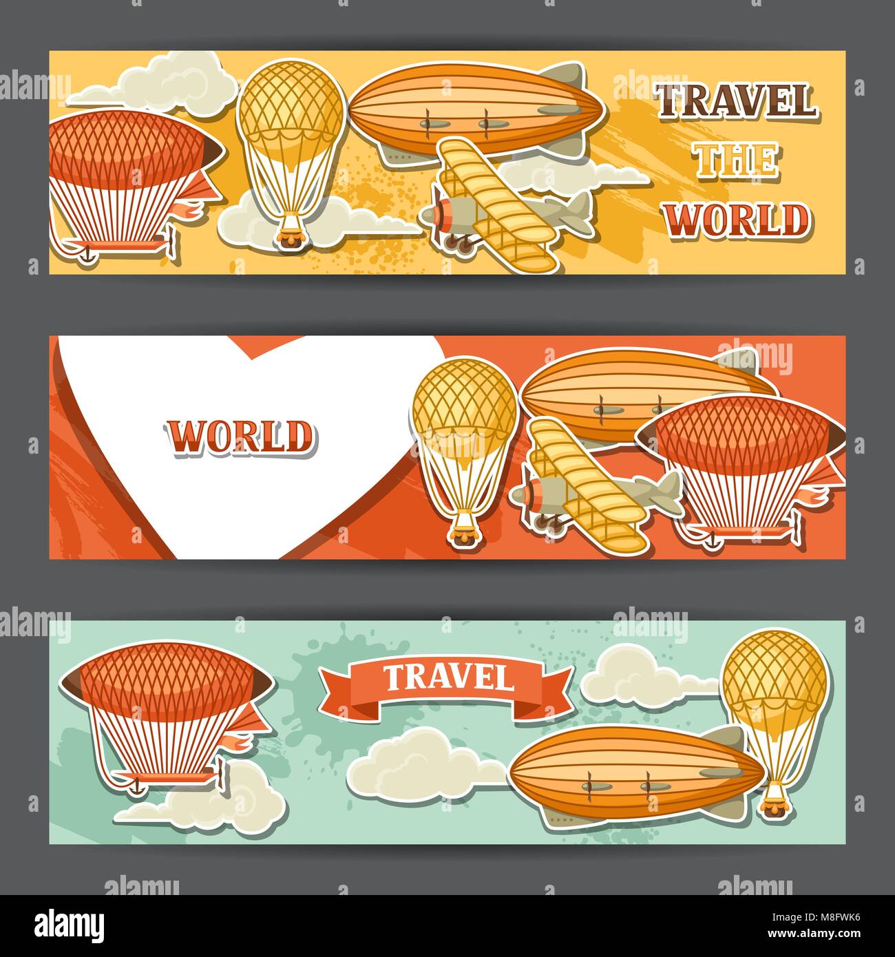 Travel banners with retro air transport. Vintage aerostat airship ...