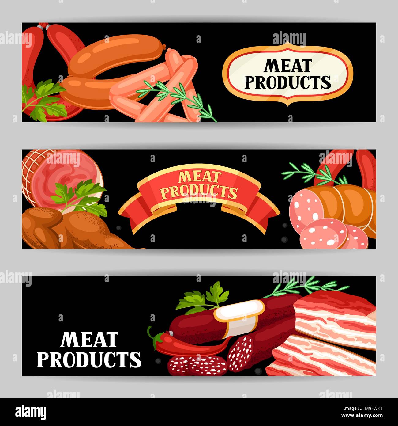 Banners with meat products. Illustration of sausages, bacon and ham ...
