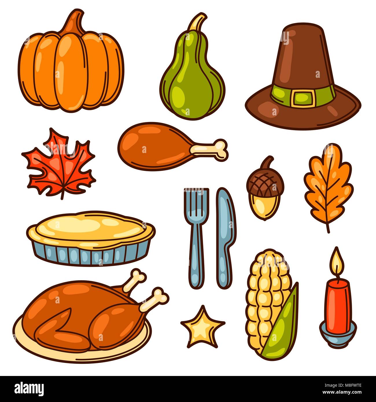 Set of Happy Thanksgiving Day holiday objects and icons Stock Vector ...