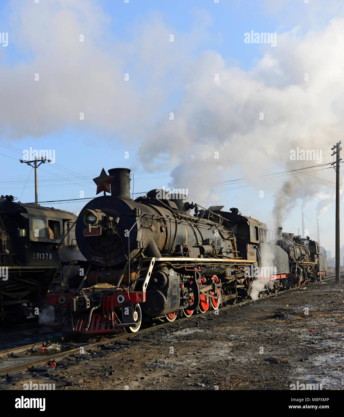 Steam locomotives at the crew changeover, Fuxin. The coal mine system ...