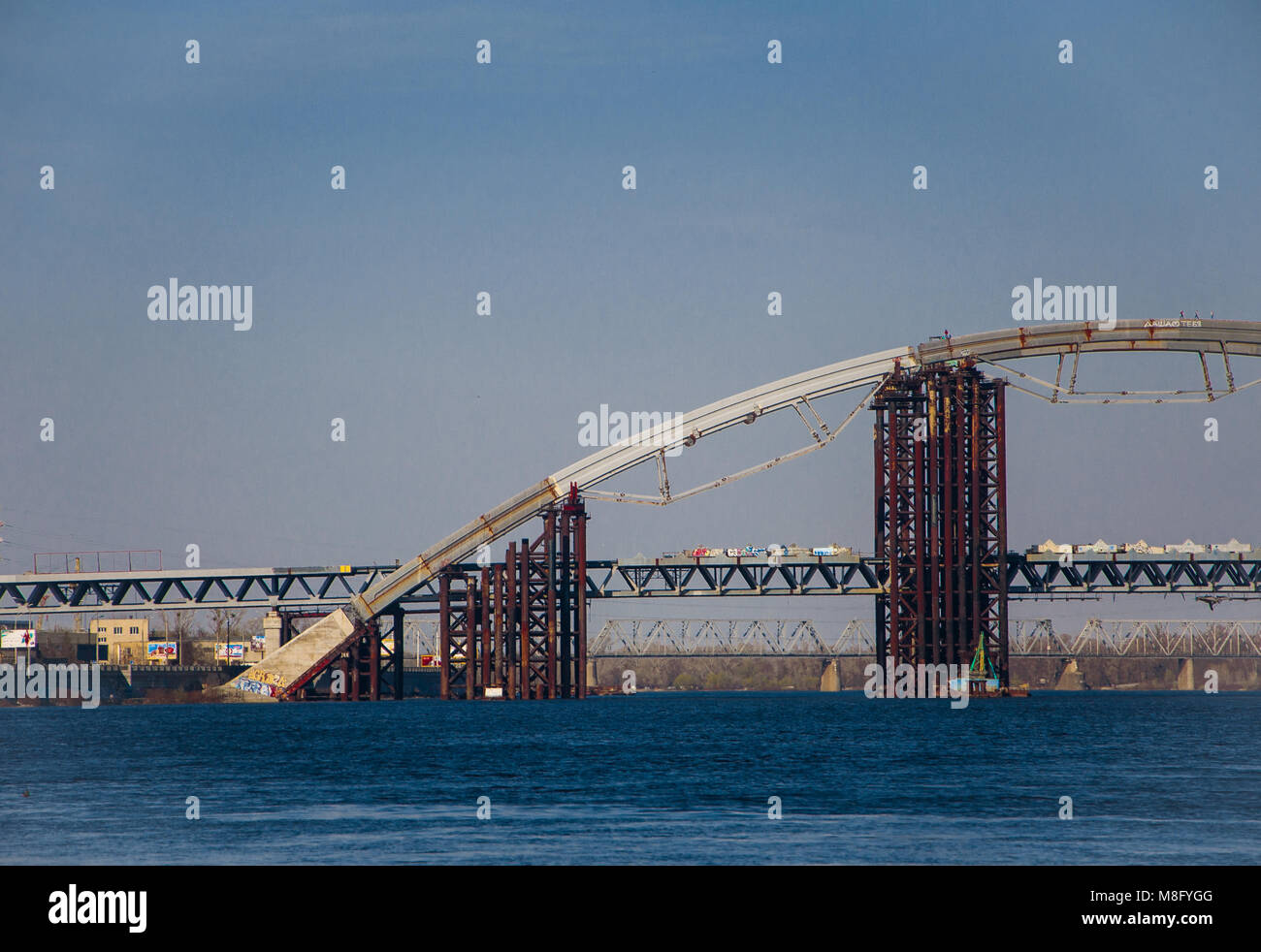 City of the great river blue bridge construction of the bridge Stock ...