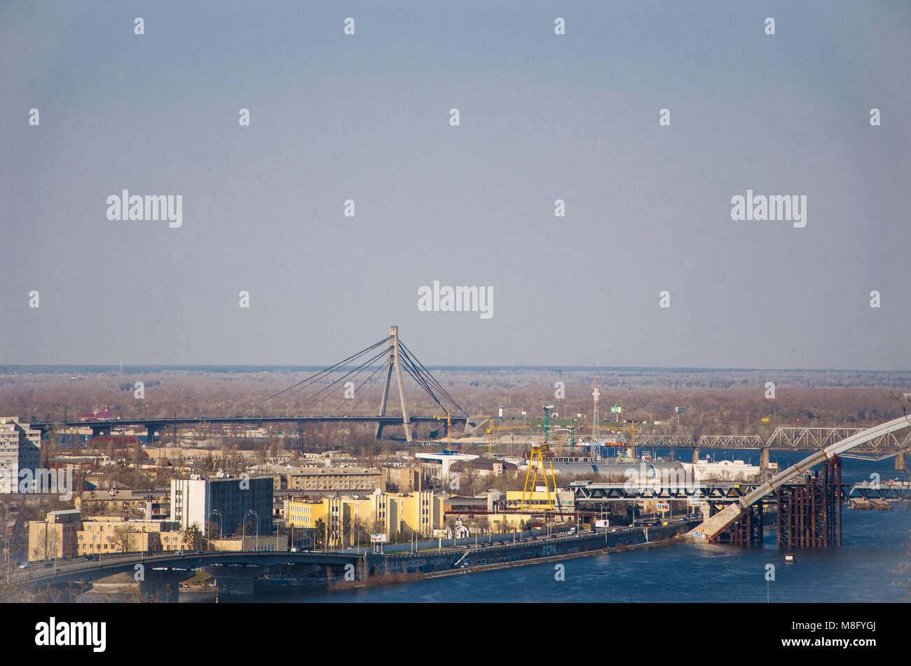 City of the great river blue bridge construction of the bridge Stock ...