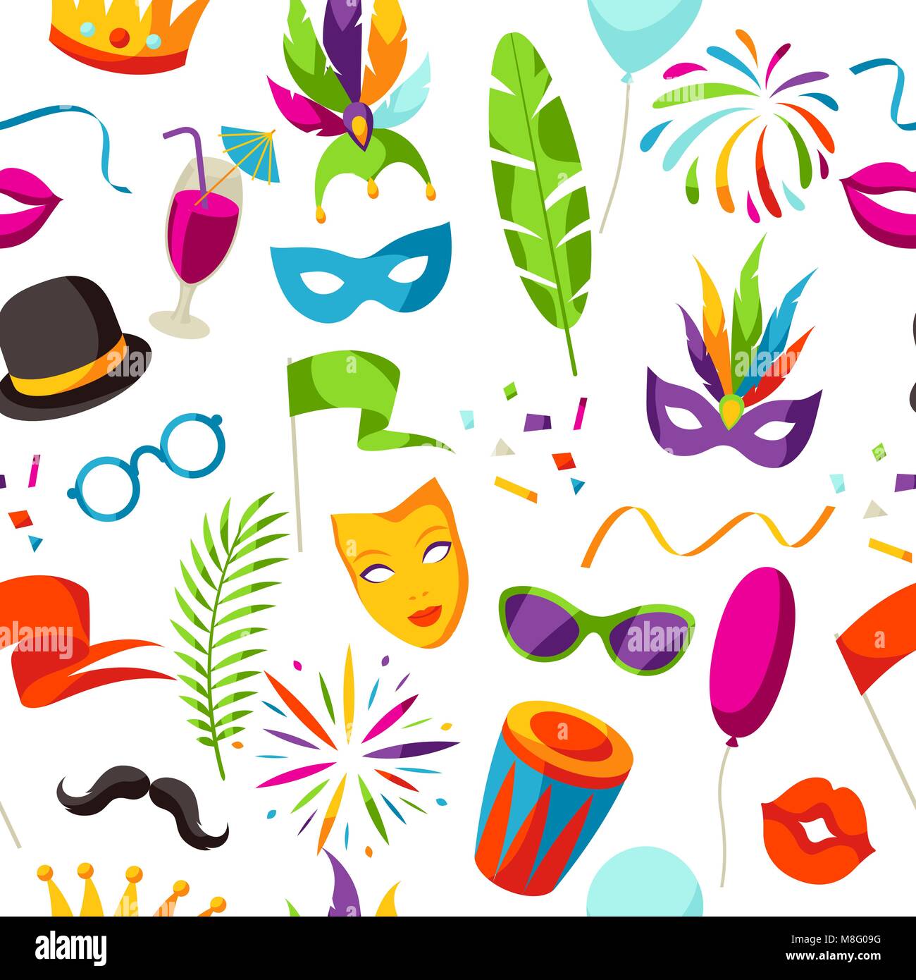 Carnival party seamless pattern with celebration icons, objects and ...