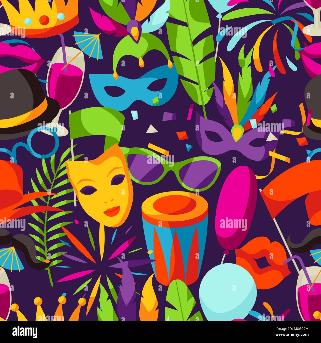 Carnival party seamless pattern with celebration icons, objects and ...