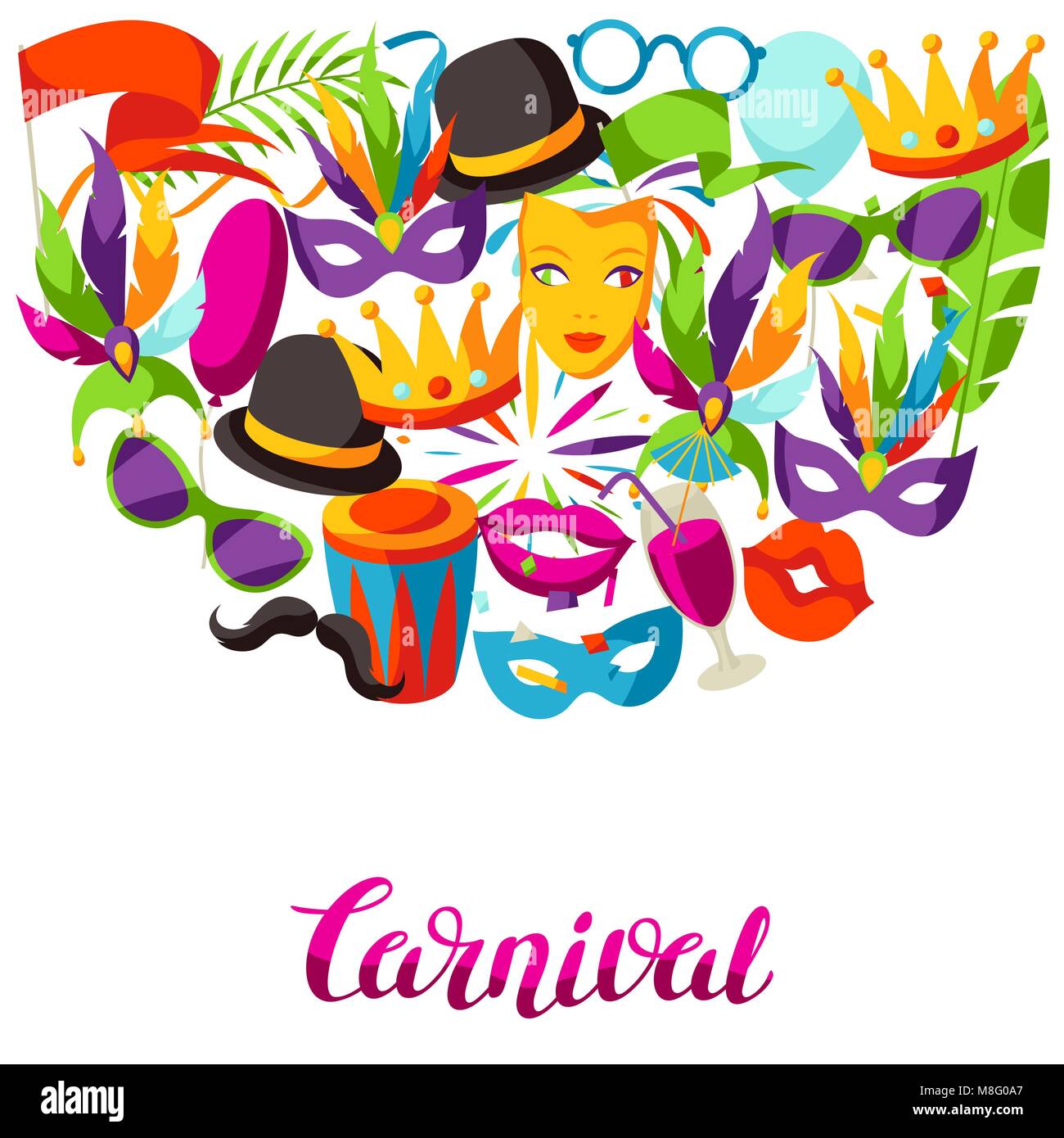 Carnival party background with celebration icons, objects and decor ...