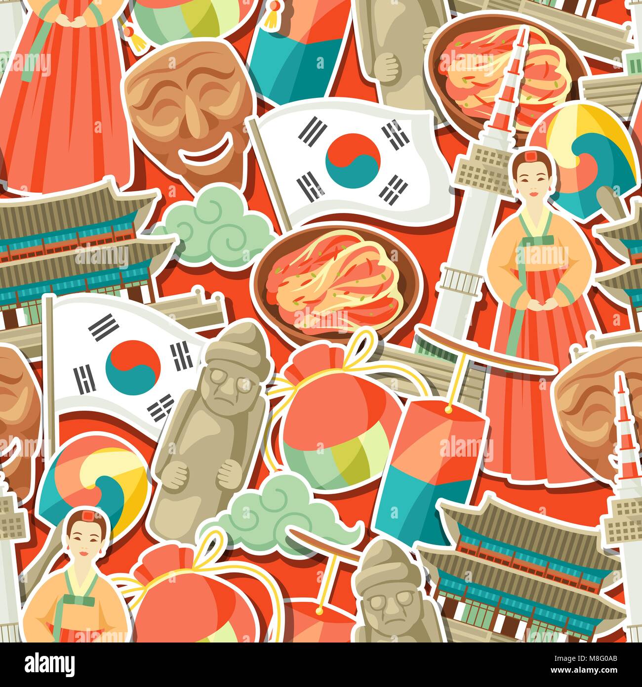 Korea seamless pattern. Korean traditional sticker symbols and objects ...