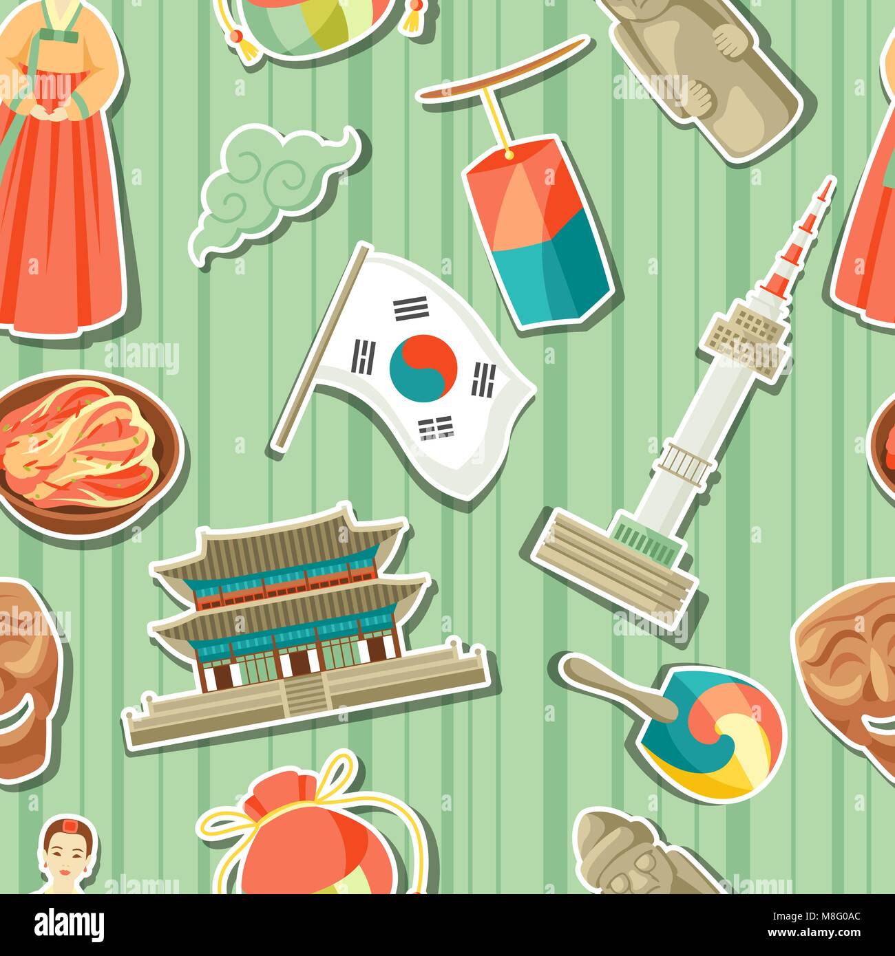Korea seamless pattern. Korean traditional sticker symbols and objects ...