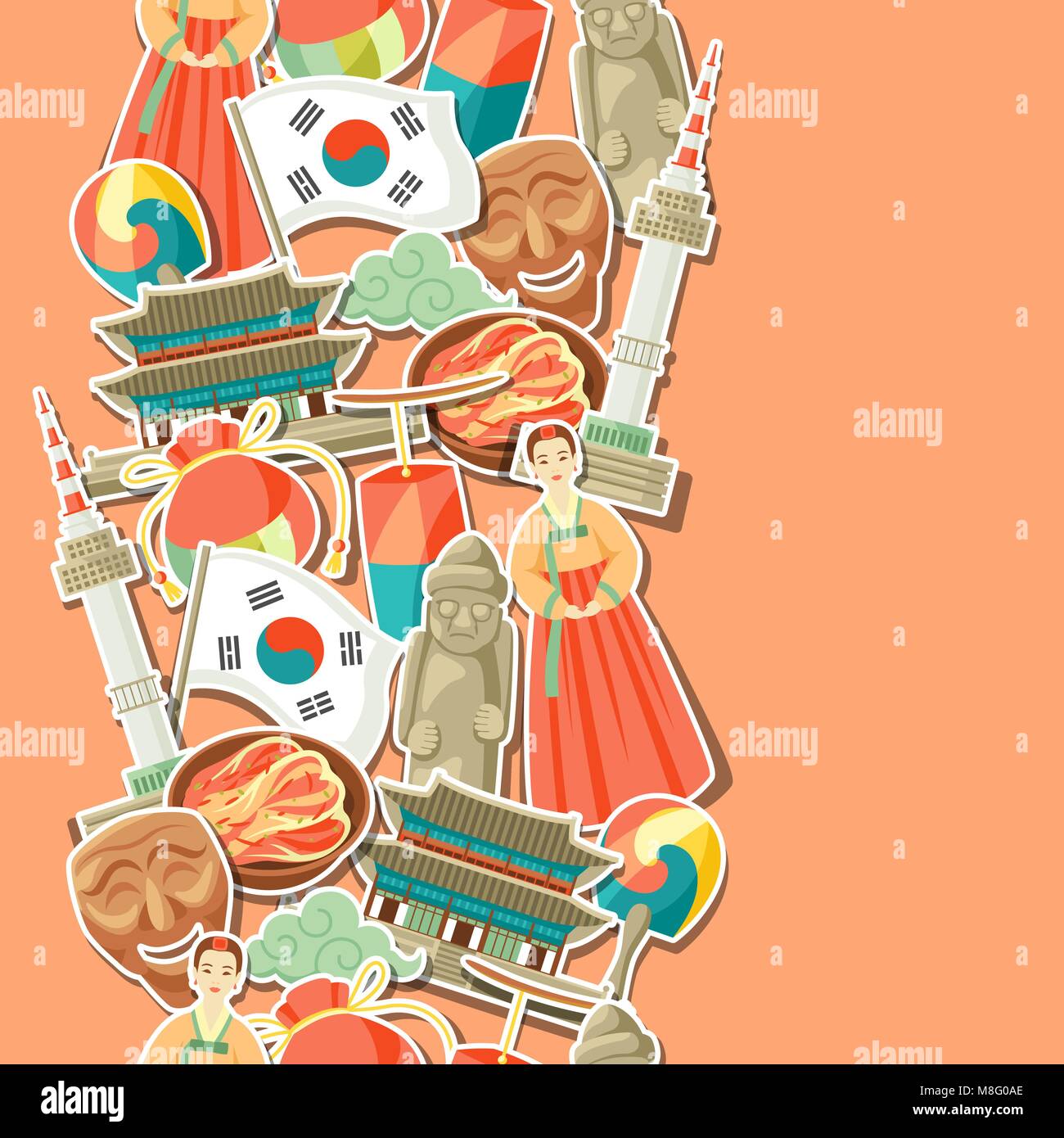 Korea seamless pattern. Korean traditional sticker symbols and objects ...