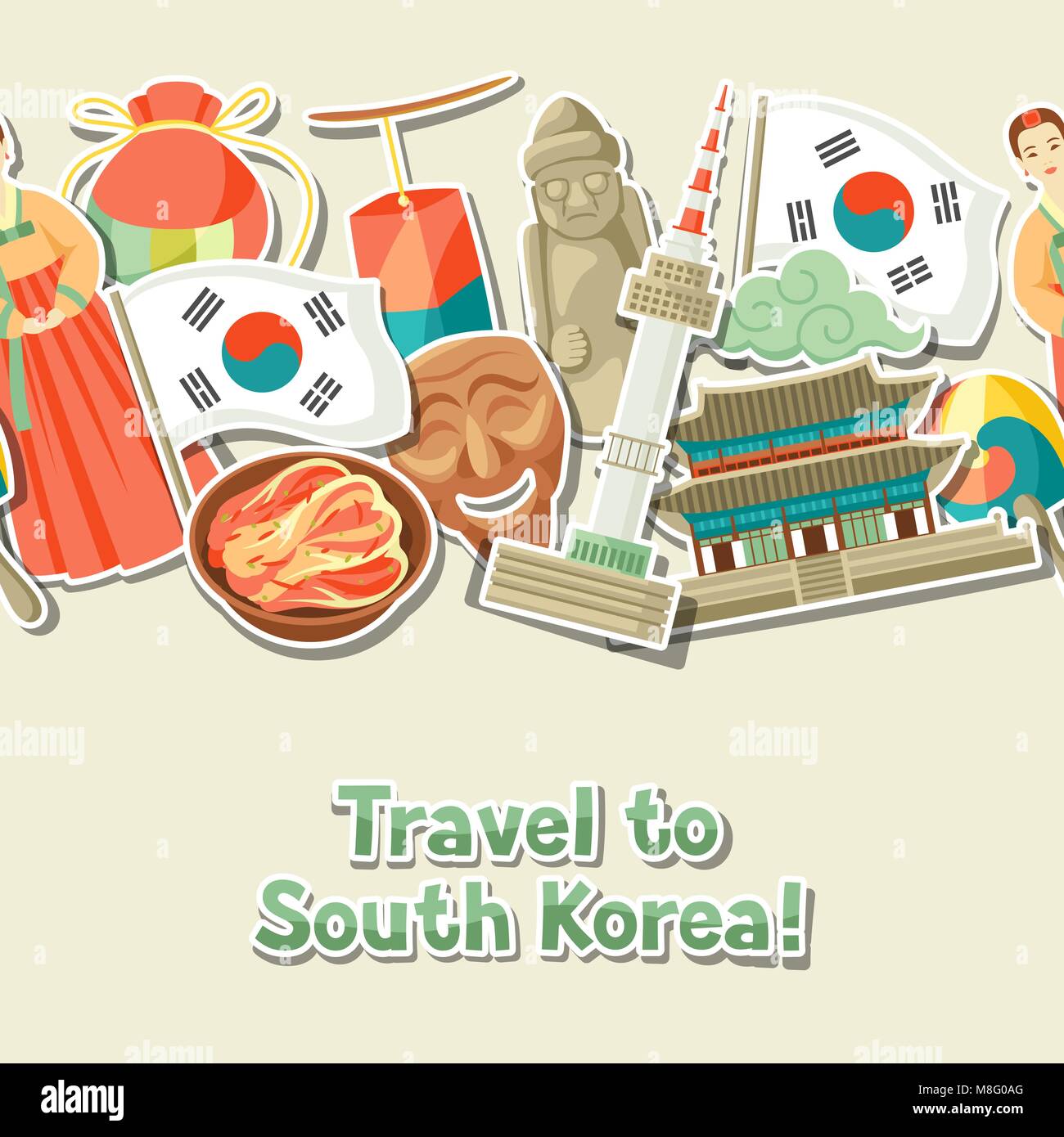 Korea seamless pattern. Korean traditional sticker symbols and objects ...