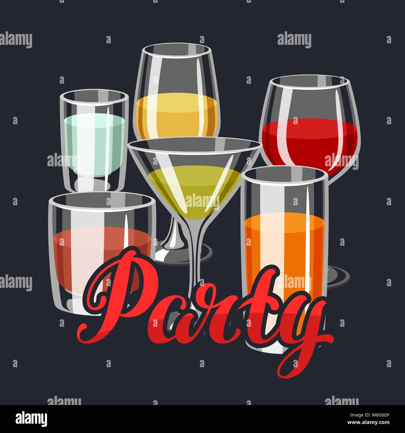 Background with alcohol drinks and cocktails in various glasses. Party ...