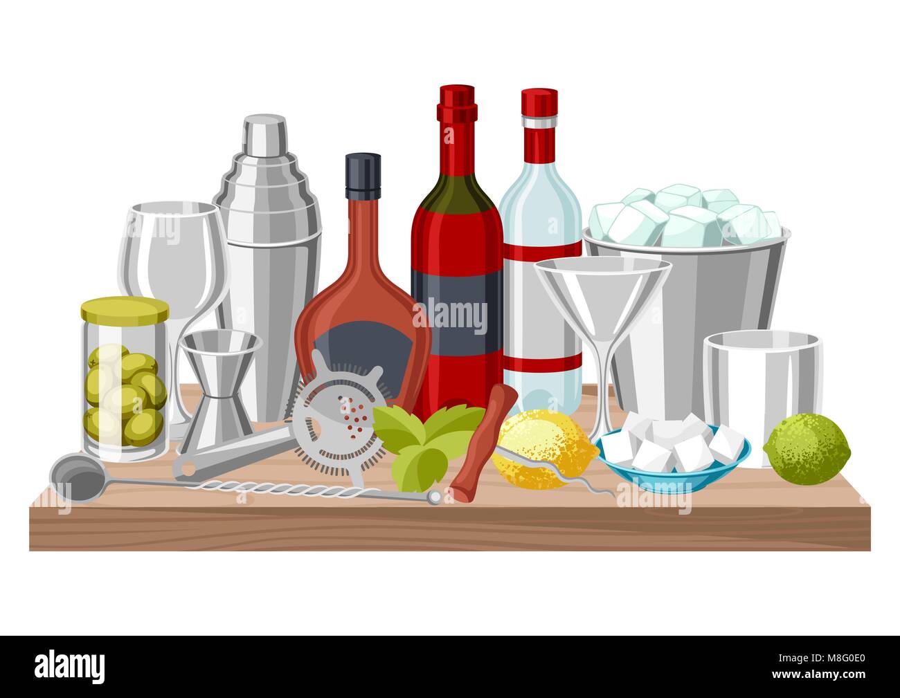 Cocktail bar background. Essential tools, glassware, mixers and ...