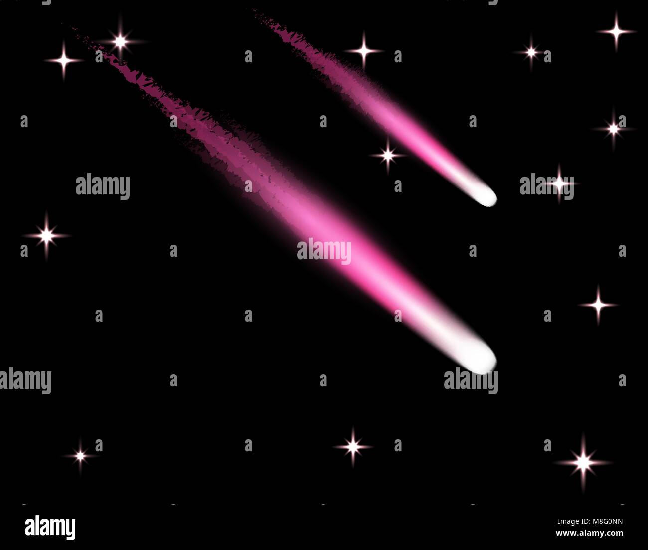 Two comets of violet, meteor, starry sky. Isolated on a black ...