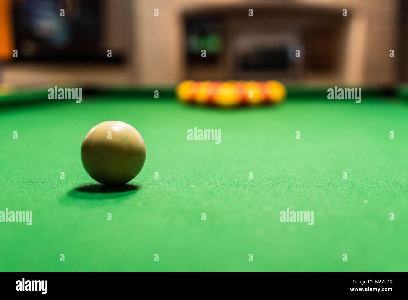 A white pool ball lined up for the break Stock Photo - Alamy