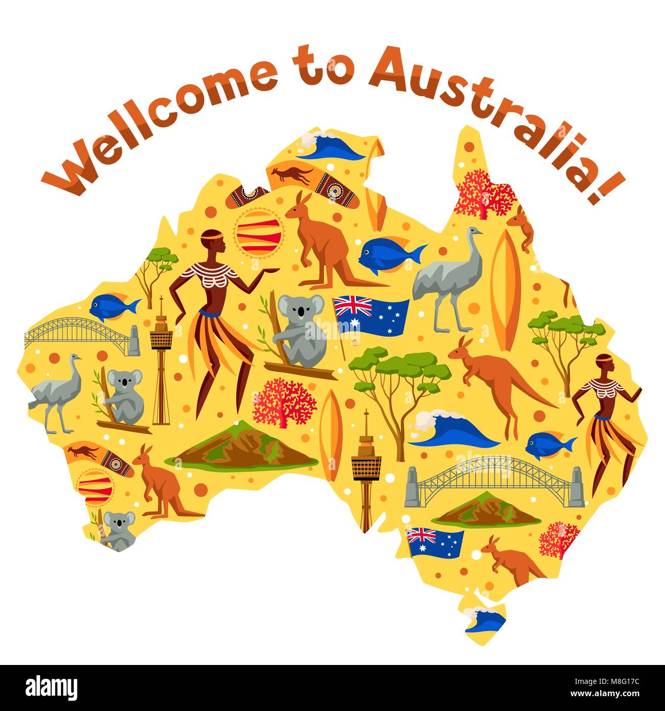 Australia map design. Australian traditional symbols and objects Stock ...