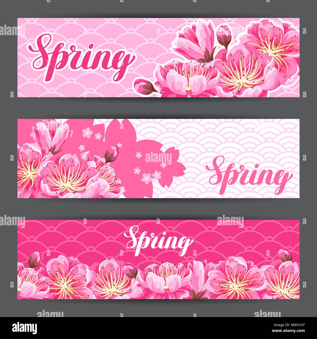 Spring banners with sakura or cherry blossom. Floral japanese ornament ...