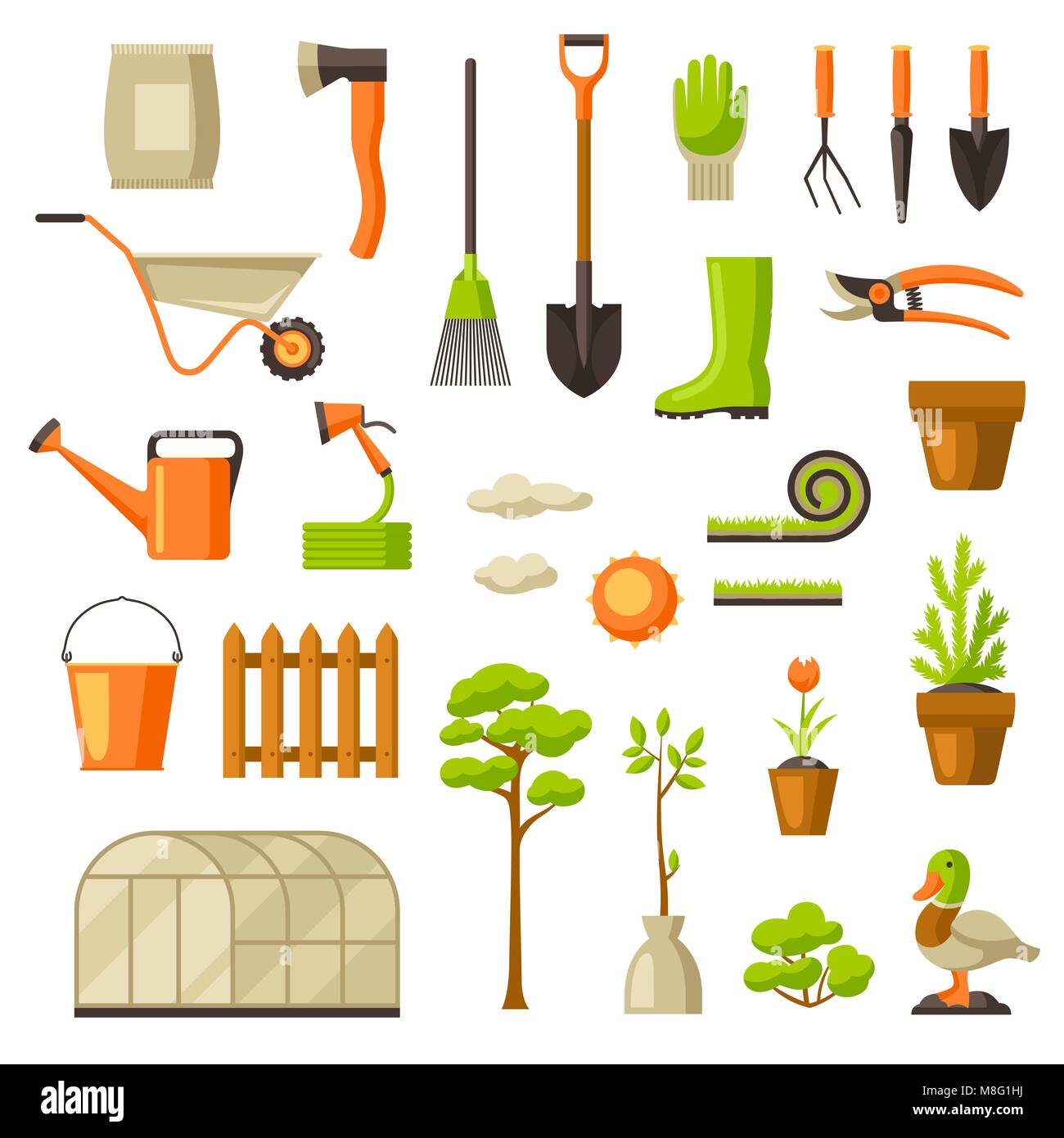 Set of garden tools and items. Season gardening illustration Stock ...