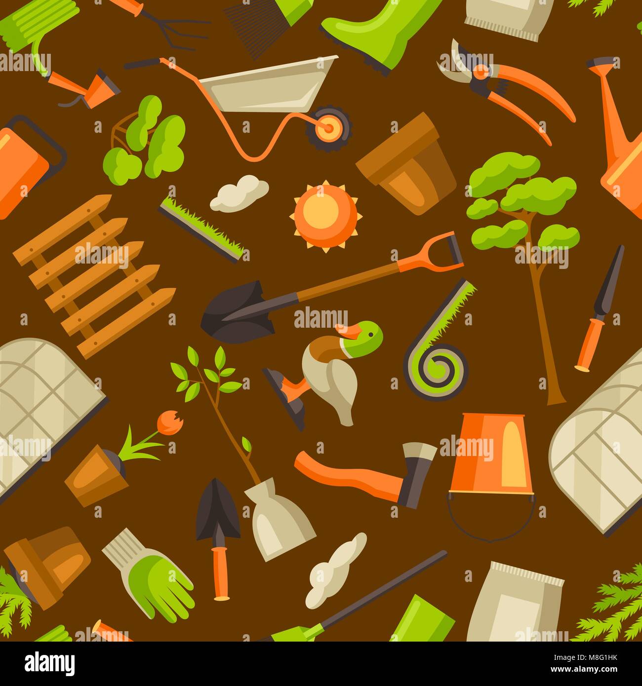 Seamless pattern with garden tools and items. Season gardening ...