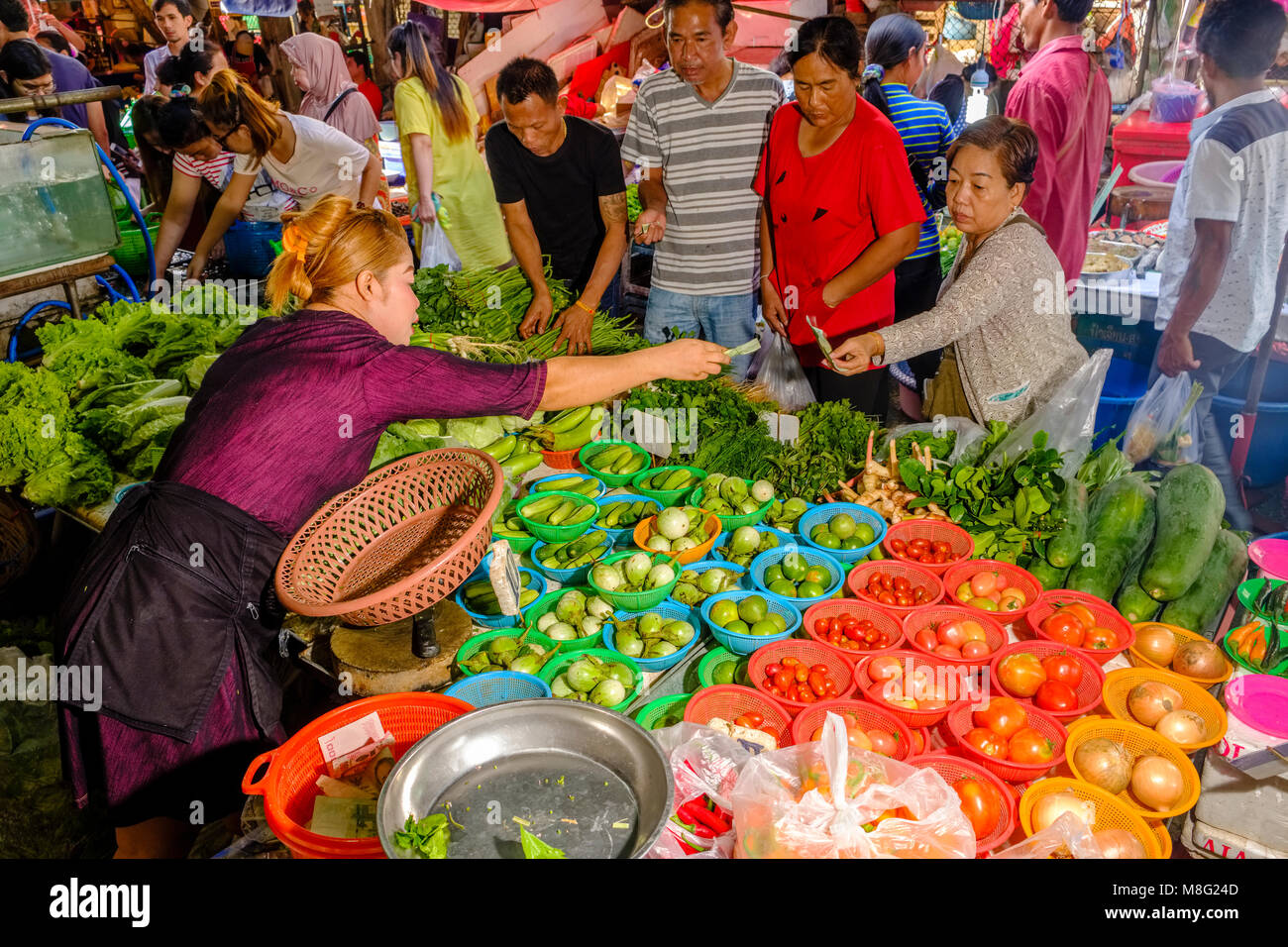 A woman is selling all sorts of vegetables at Nonthaburi Market Stock ...