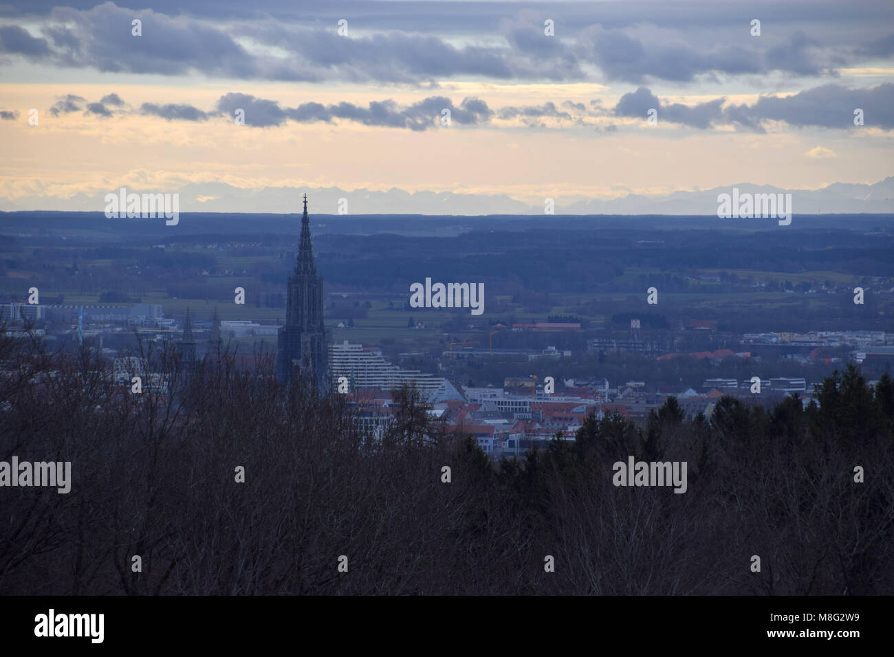 distant view over ulm with the minster of ulm and the alps in the ...