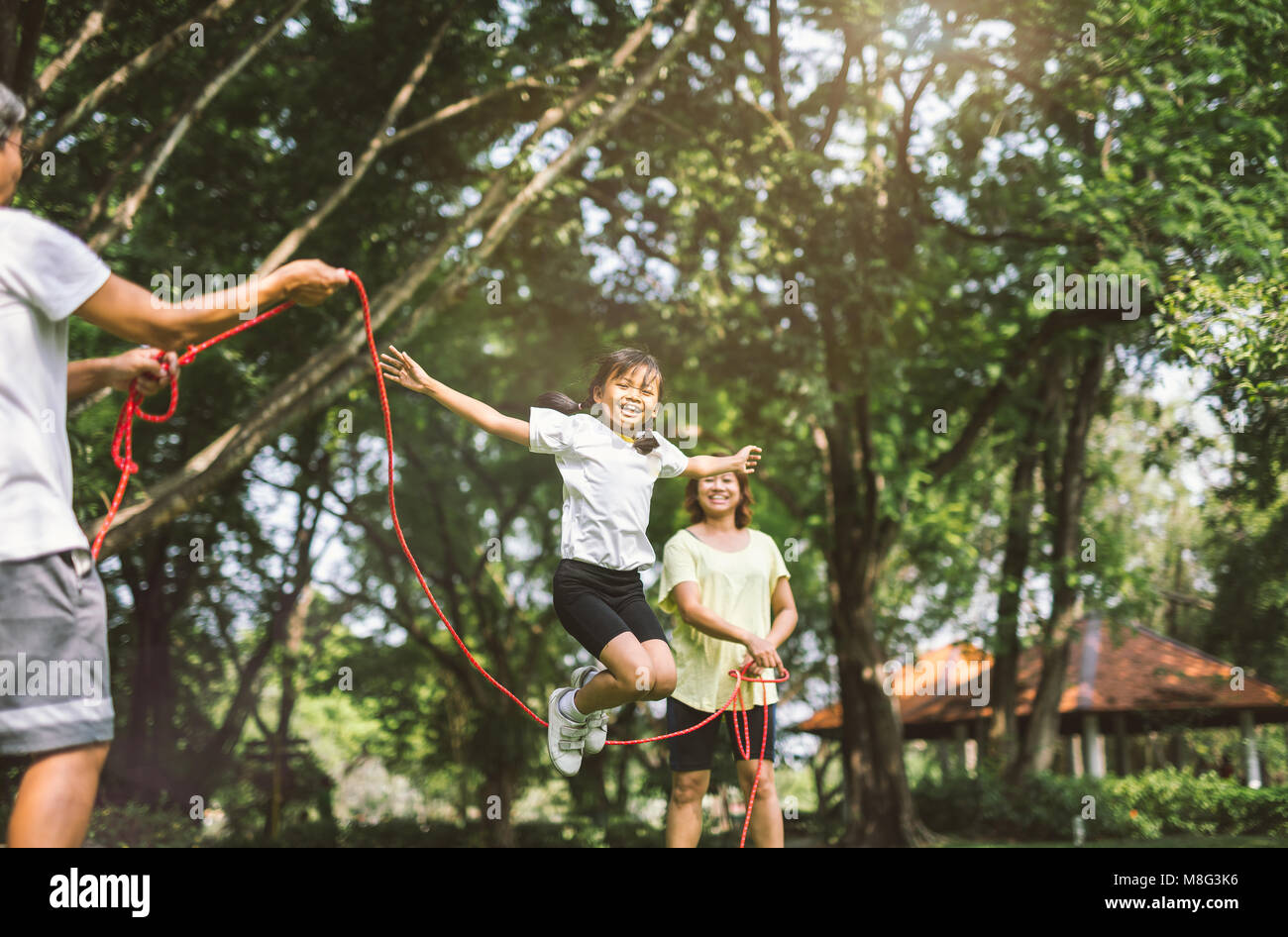 Summer vacation - happy family playing with skipping rope at green ...