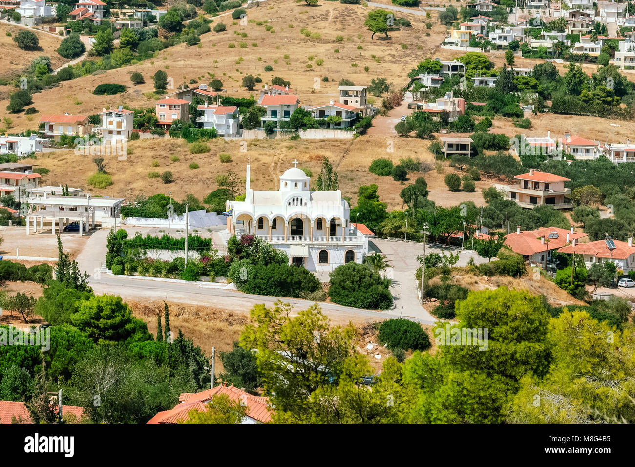 A view of the Greek village of Anavissos from a bird's eye view, with ...