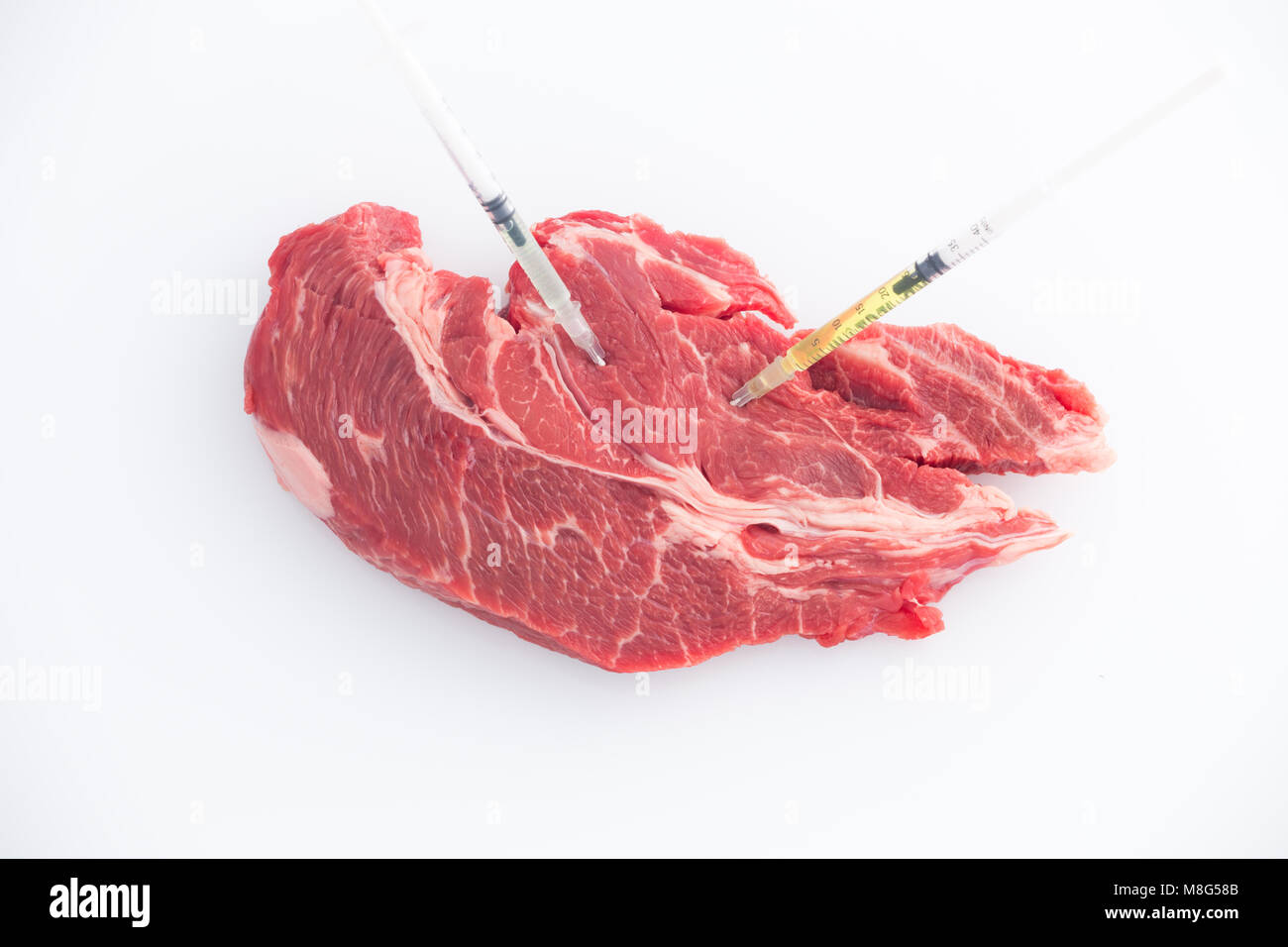 Modified food. Beef meat with embedded syringes / concept Stock Photo ...