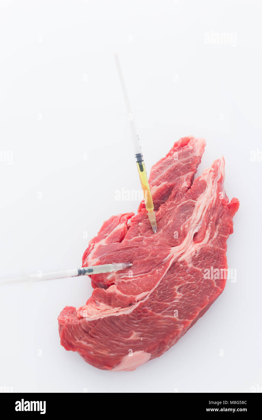 Modified food. Beef meat with embedded syringes / concept Stock Photo ...