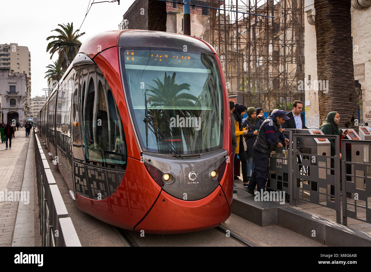 Morocco, Casablanca, Boulevard Mohammed V, Casa tram at Central Market ...
