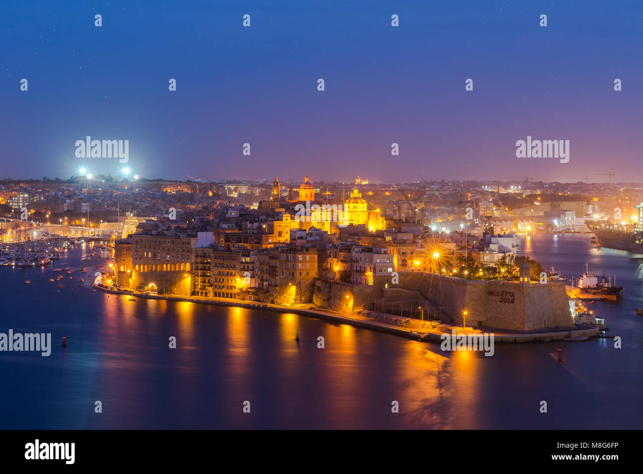Senglea and Three Cities and Grand Harbor in Malta at night Stock Photo ...