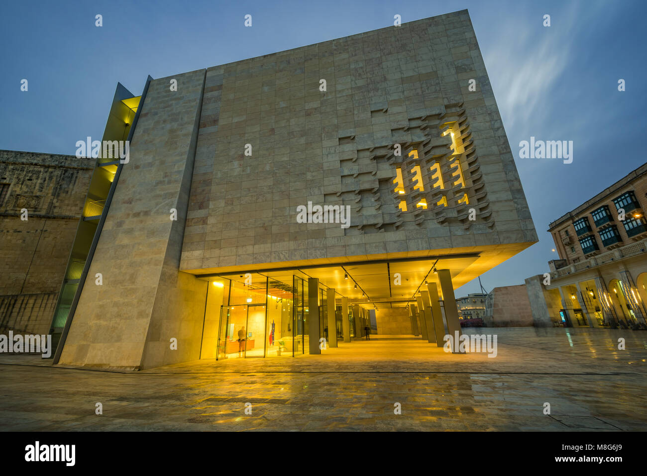Illuminated Parliament of Malta building. Modern architecture Stock ...